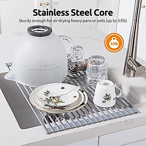 U-Taste Roll Up Dish Drying Rack 20.5 by 13 Inches, Over The Sink Foldable Multipurpose Silicone Dish Drainer Warm Gray, Large