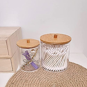 BAOFUFU 2 Pieces Acrylic Qtip Holder with Bamboo Lids, Clear Round Apothecary Jars Bathroom Organizer for Cotton Swab Ball Holds Bathroom Jars Dispenser Restroom Storage 15/20 Ounce