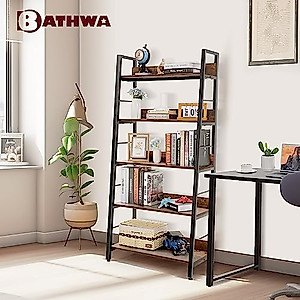 BATHWA 5 Tier Book Shelf, Industrial Rustic Open Wood Metal Ladder Bookshelf Accent Bookcase, Morden Ladder Shelf for Living Room/Bedroom/Home Office, Rustic Brown Wooden Vintage 28'' Wide Shelf