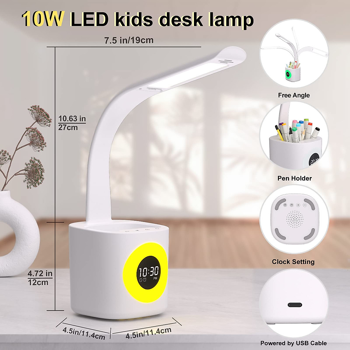YOUKOYI LED Desk Lamp, Desk Lamps for Home Office, 10W Dimmable Study Desk Light with Pen Holder&Colorful Night Light&Clock, Kids Desk Lamp- 4 Lighting Modes&5 Brightness Level, Eye-Care Reading lamp