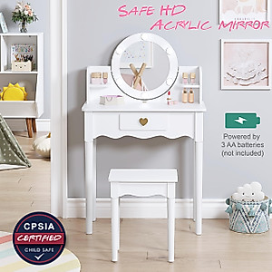 UTEX Kids Vanity, Girls Vanity Set with Mirror and Stool and Lights, Pretend Play Kids Vanity Table and Chair Set,Wooden Princess Makeup Desk Dressing Table, White
