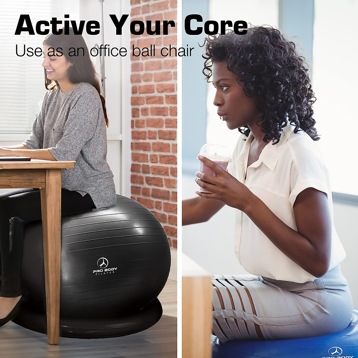 ProBody Pilates Yoga Ball Chair, Exercise Ball Chair with Base or Stand for Home Office Desk Sitting or Workout, 65cm Antiburst Balance Ball & Stability Ball Seat for Back, abs (Blue)