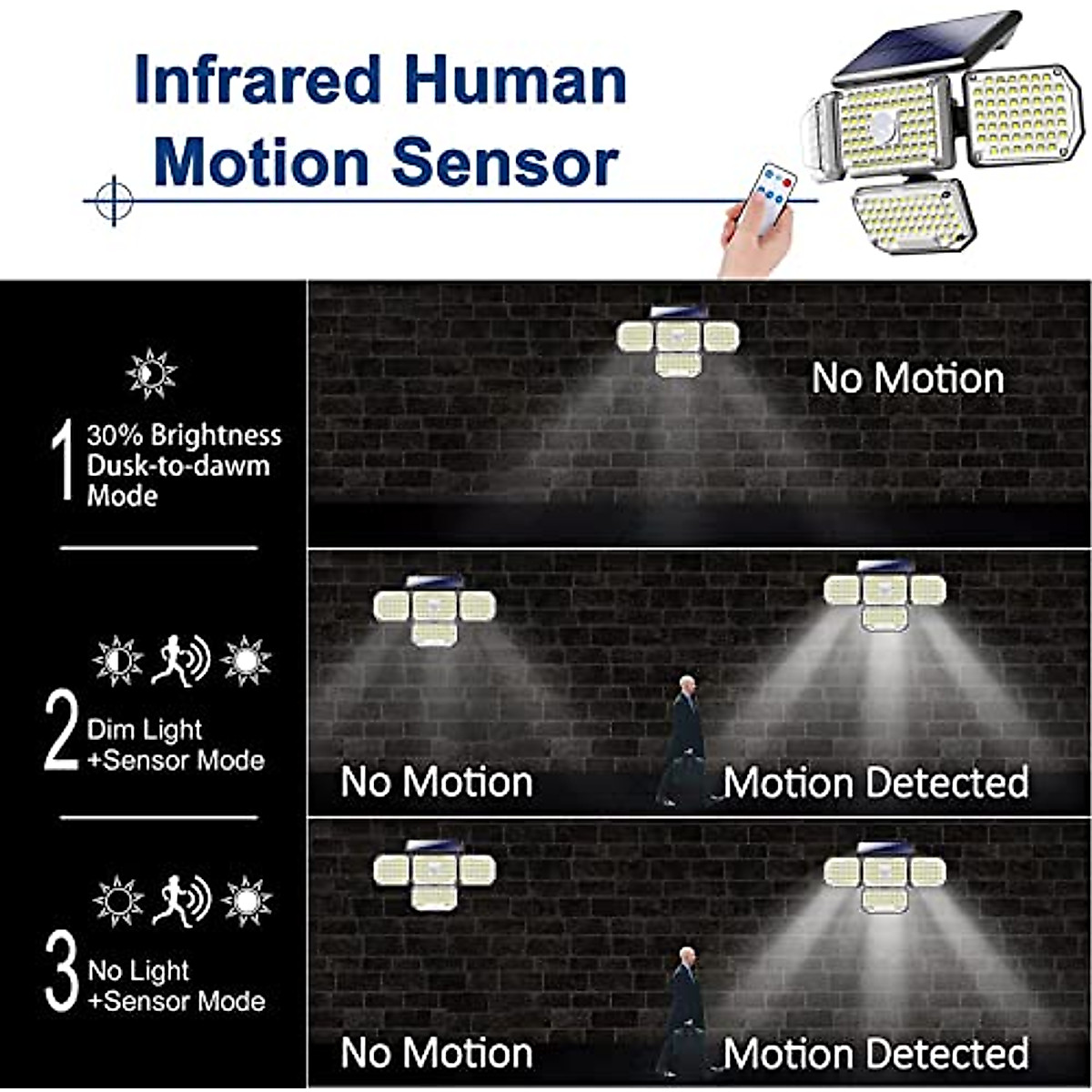 Solar Light Outdoor Motion Sensor Flood Light, 214 LED 500LM Security Light Wall Light Porch Light IP65 Waterproof 4 Adjustable Heads 340°Wide Angle with 3 Optional Modes Lighting for Garden (2 Pack)