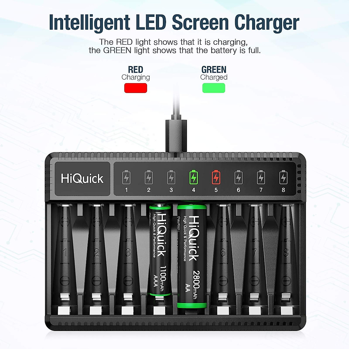 HiQuick 8 Bay Smart Battery Charger with 4AA and 4AAA Battery + 4 AA 4 AAA Rechargeable Batteries