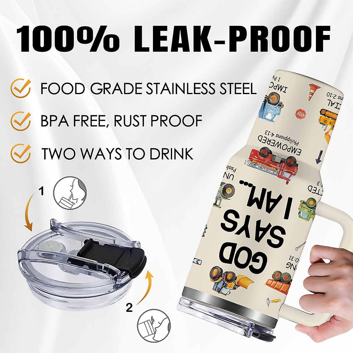 Christian Truck Gifts, 40 Oz God Says I Am Construction Truck Tumbler With Handle, Christian Gifts for Boys, Inspirational Religious Birthday Gifts for Truck Lover Bible Verse Cup, Construction gifts