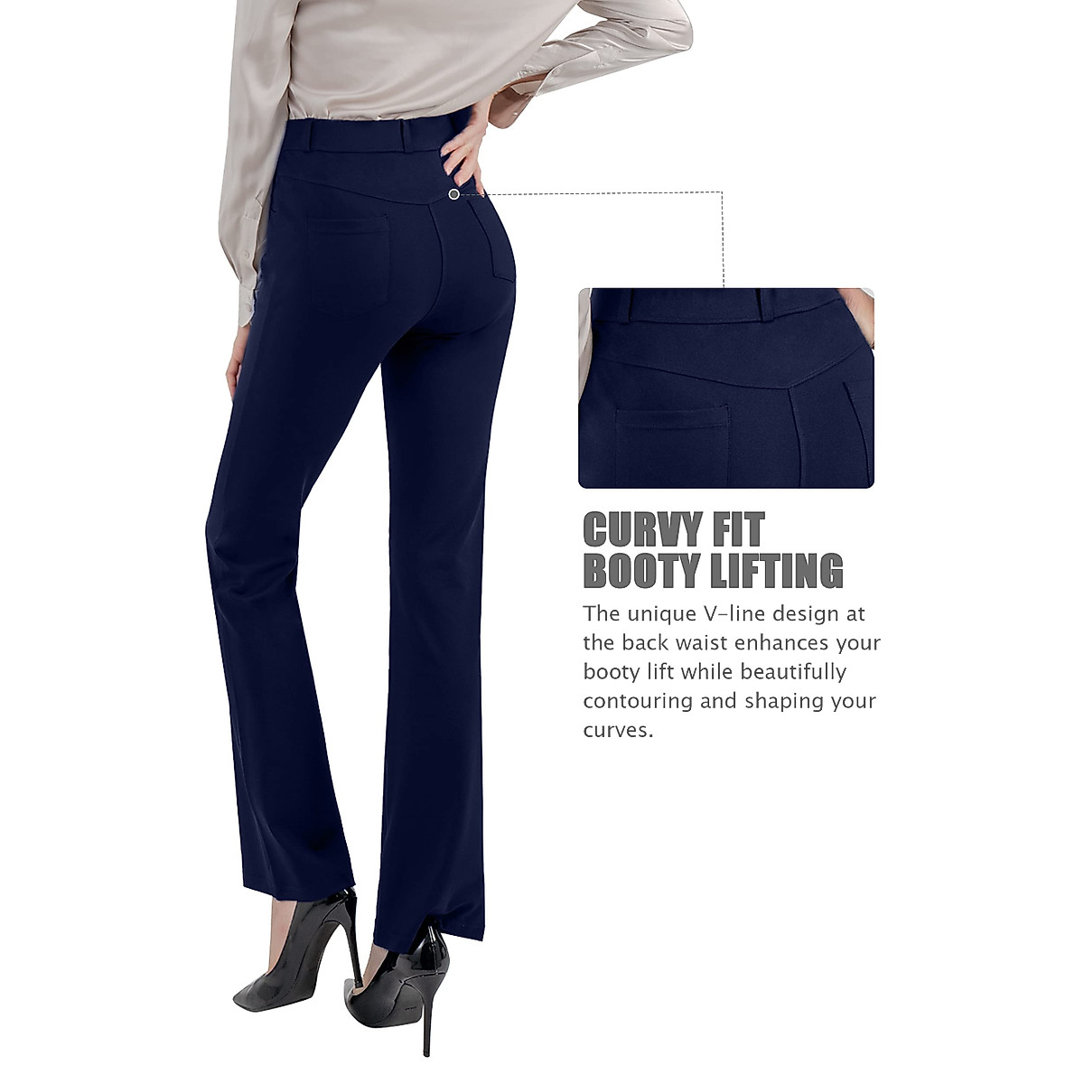 Hiverlay Women's Bootcut Dress Pants Pull On Stretchy Work Slacks for Business Office 5 Pockets 29" Navy 2X-Large