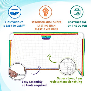 Morvat Kids Metal Poles Soccer Goal Set Portable Lightweight Training Equipment Backyard & Indoors Premium 48”x30” Net + 2 Size Soccer Balls + Ball Pump + Storage Bag – Color: Rainbow