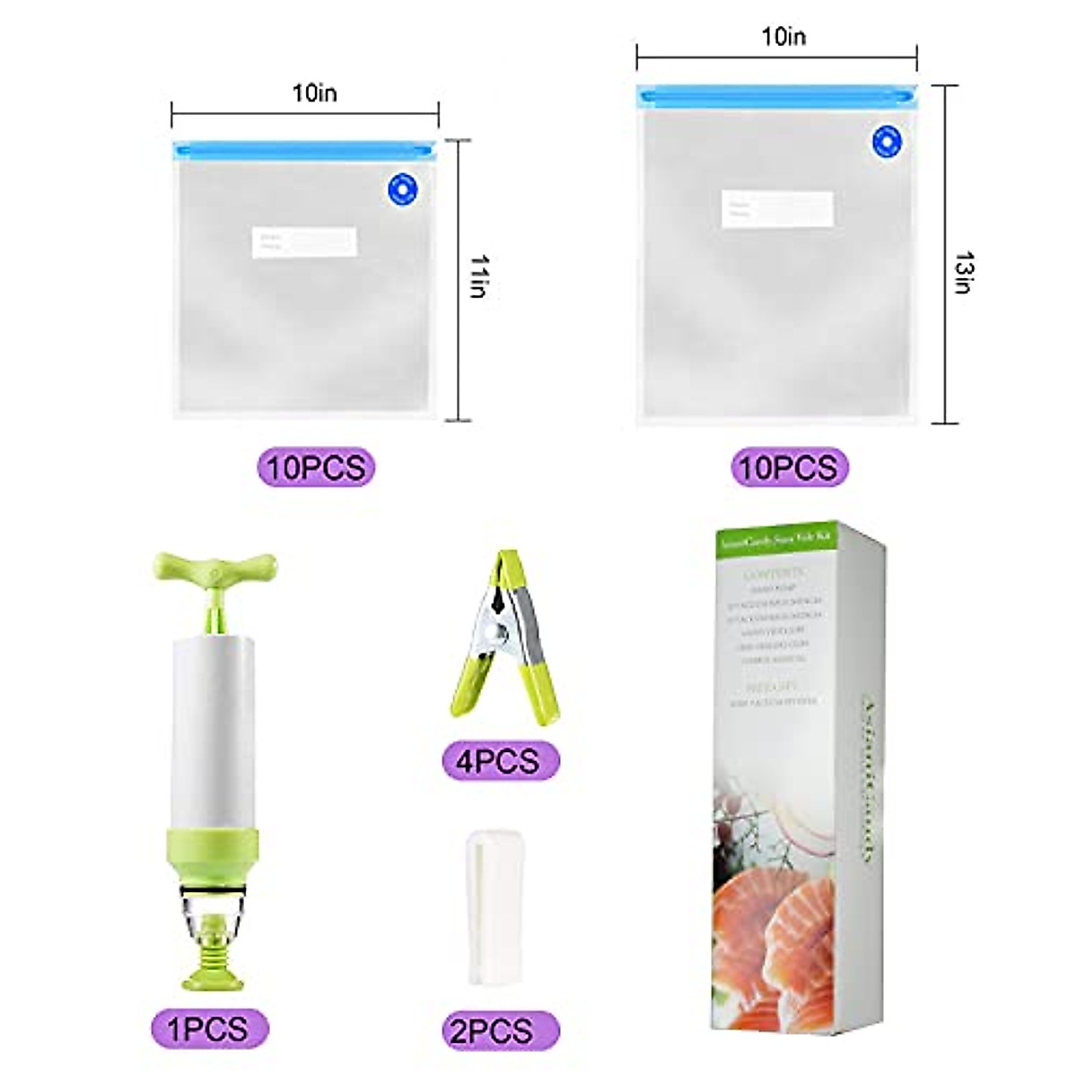 20 PCS Reusable Vacuum Food Sealer Bags, Sous Vide Bags, Plastic Freezer Bags, Kitchen Food Storage Bags with Handheld Pump(10 medium + 10 large)