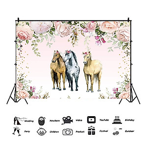Pink Flower Countryside West Cowboy Cowgirl Horse Theme Photography Backdrop 5x3ft Children Boy or Princess Girl Birthday Photo Background Baby Shower Party Supplies Banner Cake Table Decor Vinyl