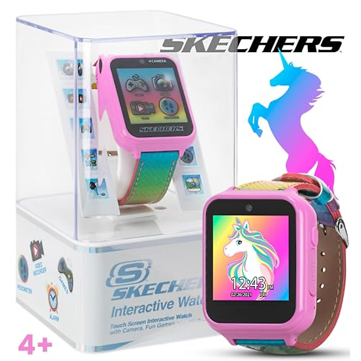 Skechers Kids Smart Watch with Rainbow Iridescent Strap, Games, Camera, & Fitness Tracker – Fun & Colorful Digital Watch with Touchscreen, Alarm, and Step Counter, Perfect for Everyday Wear and Play