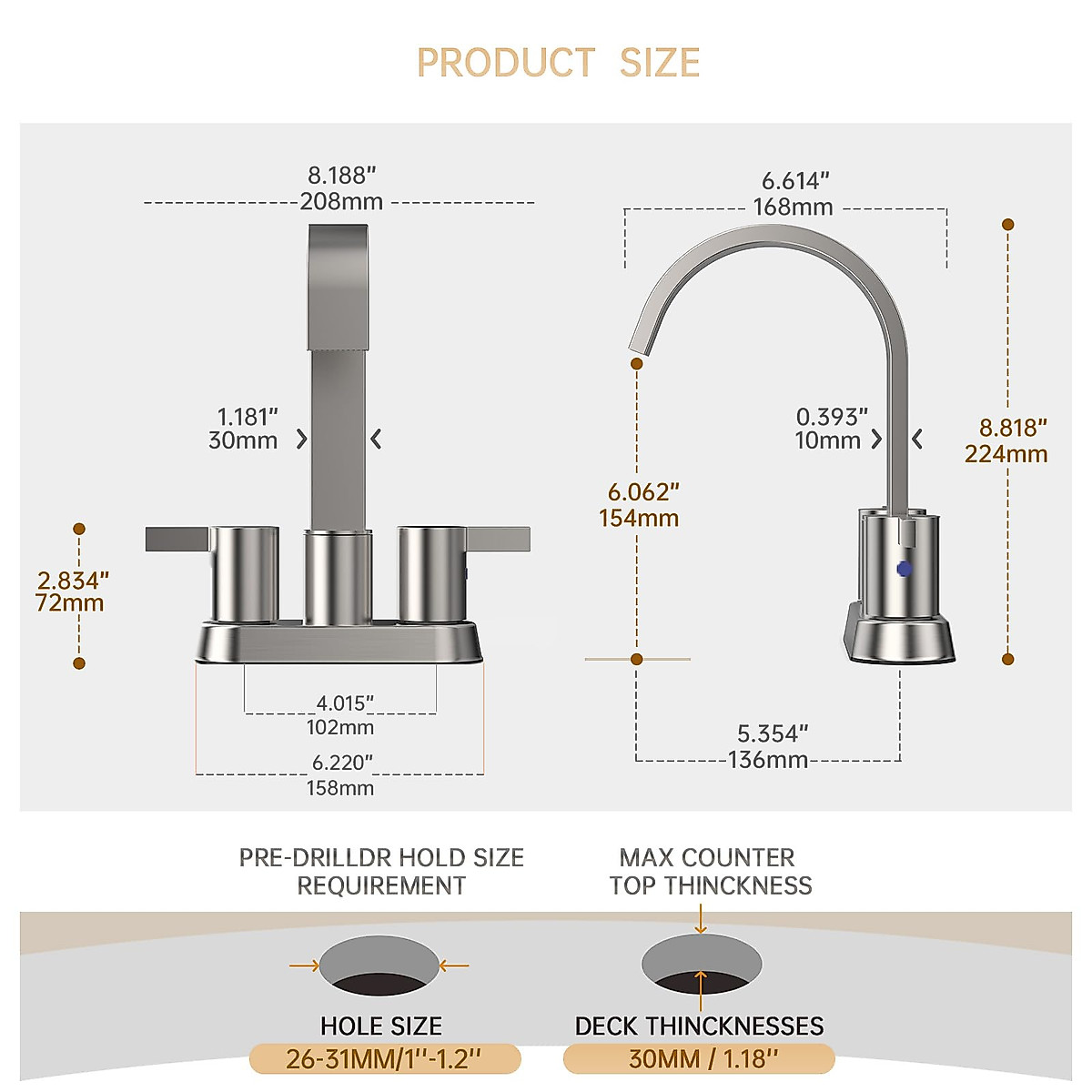 Phiestina Waterfall Bathroom Sink Faucet, Brushed Nickel 4 Inch 2 or 3 Hole Centerset RV Bathroom Faucet, with Swivel 360 Degree Spout, Metal Pop-Up Drain and Water Supply Lines, BF040B-1-BN