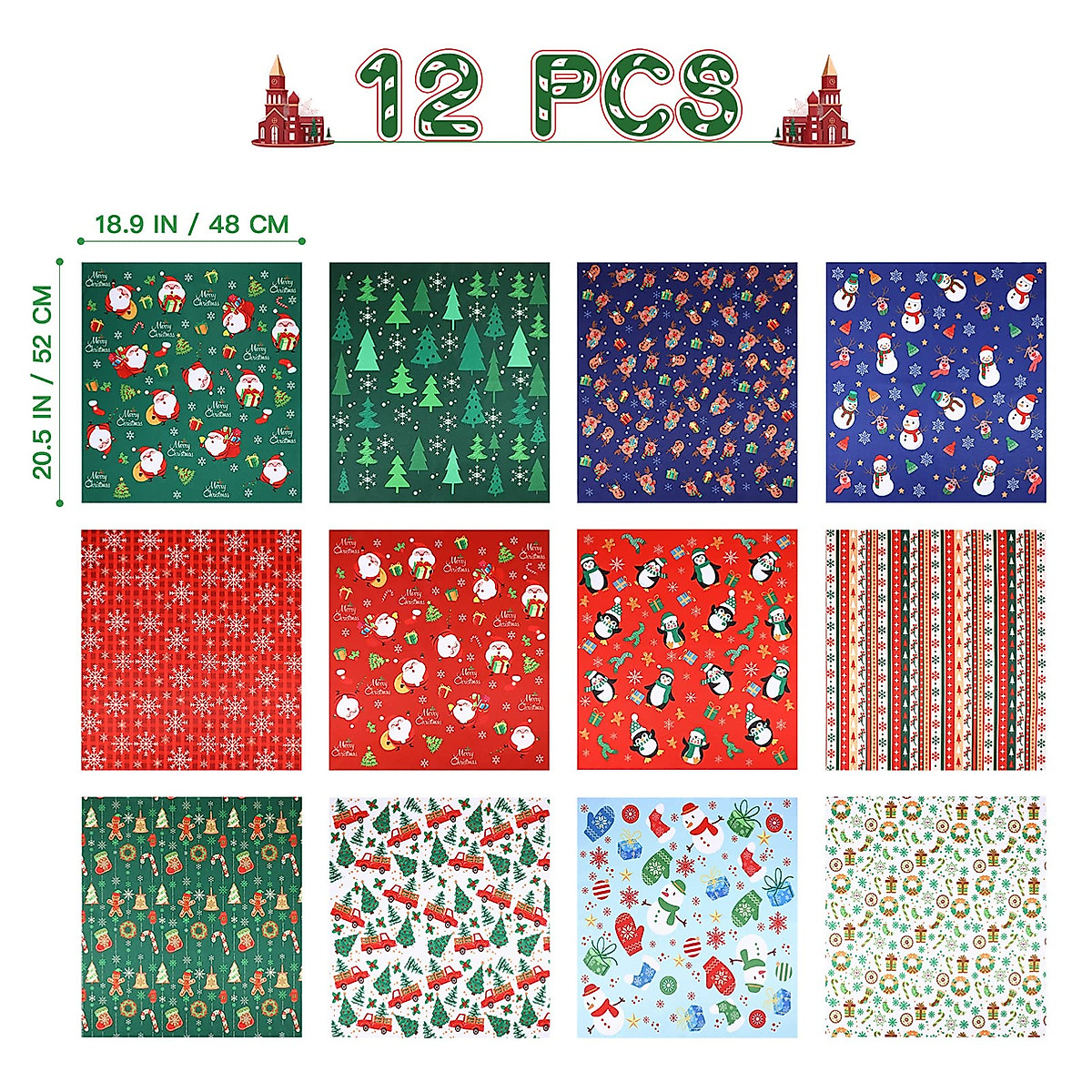 YARNOW 12 Pieces Christmas Fabric Bundles Squares Fabric Bundle Xmas Fabric for Xmas Sewing Crafting DIY Supplies (18.9 x 20.5 Inch)