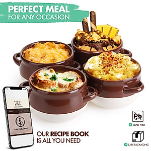 French Onion Soup Crocks Oven Safe - French Onion Soup Bowls- Set of 4 (16 Oz) Oven, Broiler, Microwave & Dishwasher Safe Glazed Ceramic Soup Bowls with Handles. Digital Recipe book included- Oishi