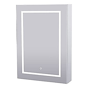 Los muebles LED Mirrored Medicine Cabinet Wooden Frame with Lights Surface Mount Bathroom Cabinet with LED Strips 27.5 x 19.6 inch Storage Shelves Left Hinged