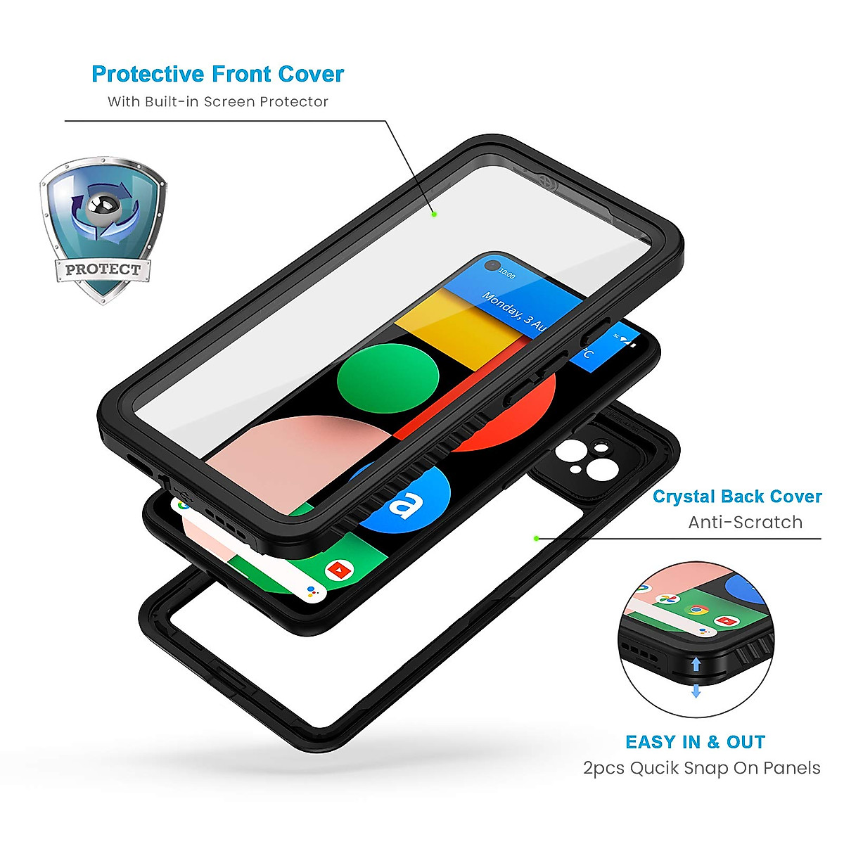 Lanhiem Pixel 4a 5G Case, IP68 Waterproof Dustproof Case [NOT Fit 4G Version] with Built-in Screen Protector, Full Body Protective Cover for Google Pixel 4a 5G Only, Black/Clear