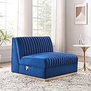Modway Sanguine Channel Tufted Performance Velvet Modular Sectional Sofa Ottoman, Armless Chair, Navy