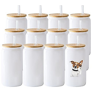 YOUKE OLA 12 Pack Sublimation Blank White Glass Cans Sublimation Beer Glass Cups with Bamboo Lids Borosilicate Glasses Tumbler Mason Jar Cups Mug with Glass Straw for Beer, Juice, Drinks 16oz White