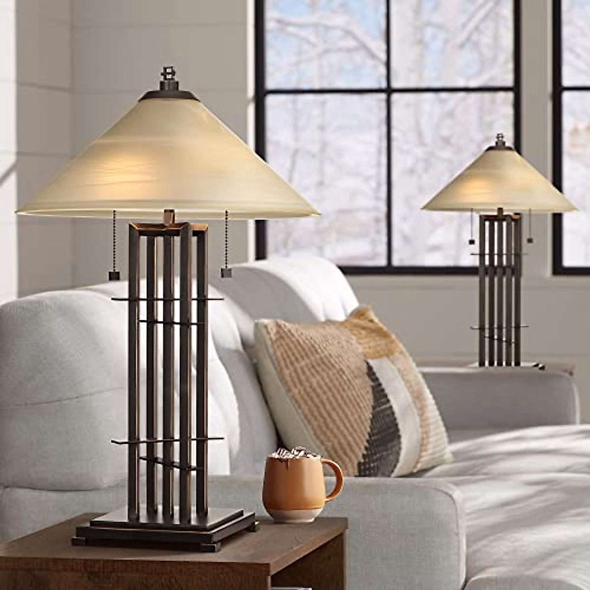 Franklin Iron Works Metro Collection 23 1/2" High Planes 'n' Posts Small Farmhouse Rustic Modern Accent Table Lamps Set of 2 Pull Chain Metal Amber Art Glass Shade Living Room Bedroom Bedside