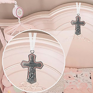 Ornate Crib Cross Decor with Ribbon Baby Girl for Baptism, Christening, Baby Shower "God Bless Our Baby Girl"