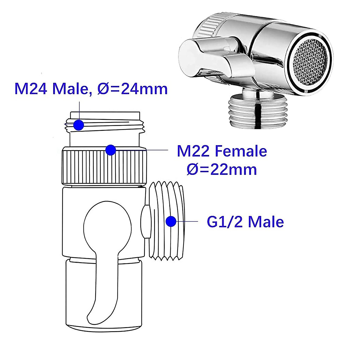 Roscid Faucet Diverter Valve with Aerator, 3-Way Diverter Valve for Hand Held Shower, Sink Faucet Splitter for Kitchen and Bathroom, with M22/M24/G1/2” Adapters