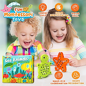 KLT Wooden Lacing Threading Toys for Toddlers Fine Motor Skills, 1 Turtle 1 Starfish Car Airplane Toddler Travel Toys, Wood Puzzle Educational Gifts Learning Montessori Toys for 3, 4, 5 Years Old Kids