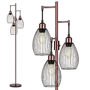 Dimmable Floor Lamp, 3 x 800LM LED Edison Bulbs Included, Farmhouse Industrial Floor Lamp Standing Lamp with Elegant Teardrop Cage Head Tall Lamp for Living Room Bedroom Office Dining Room - Brown