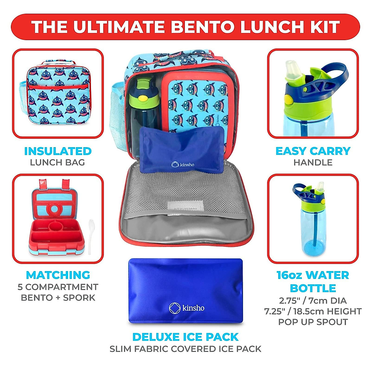 kinsho Bento Lunch Box Insulated Bag, Water Bottle & Ice Pack Set for Kids Toddlers, 4 Portion Sections, Removable Tray, PreSchool Kid Toddler Daycare Lunches, Snack Container, Blue Shark