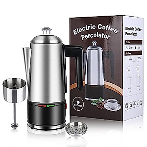 HOMOKUS Electric Coffee Percolator 12 CUPS Percolator Coffee Pot, 800W Percolator Coffee Maker Stainless Steel with Clear Knob Cool-touch Handle, Silver Coffee Pot Percolator Auto Keep Warm Function
