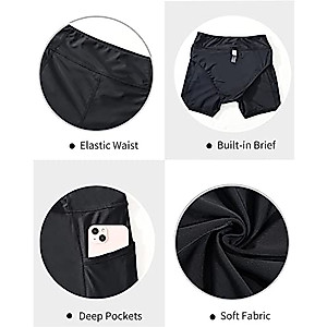 Yonique Women High Waisted Swim Shorts with Pockets Tummy Control Bathing Suit Bottoms Board Shorts Black S