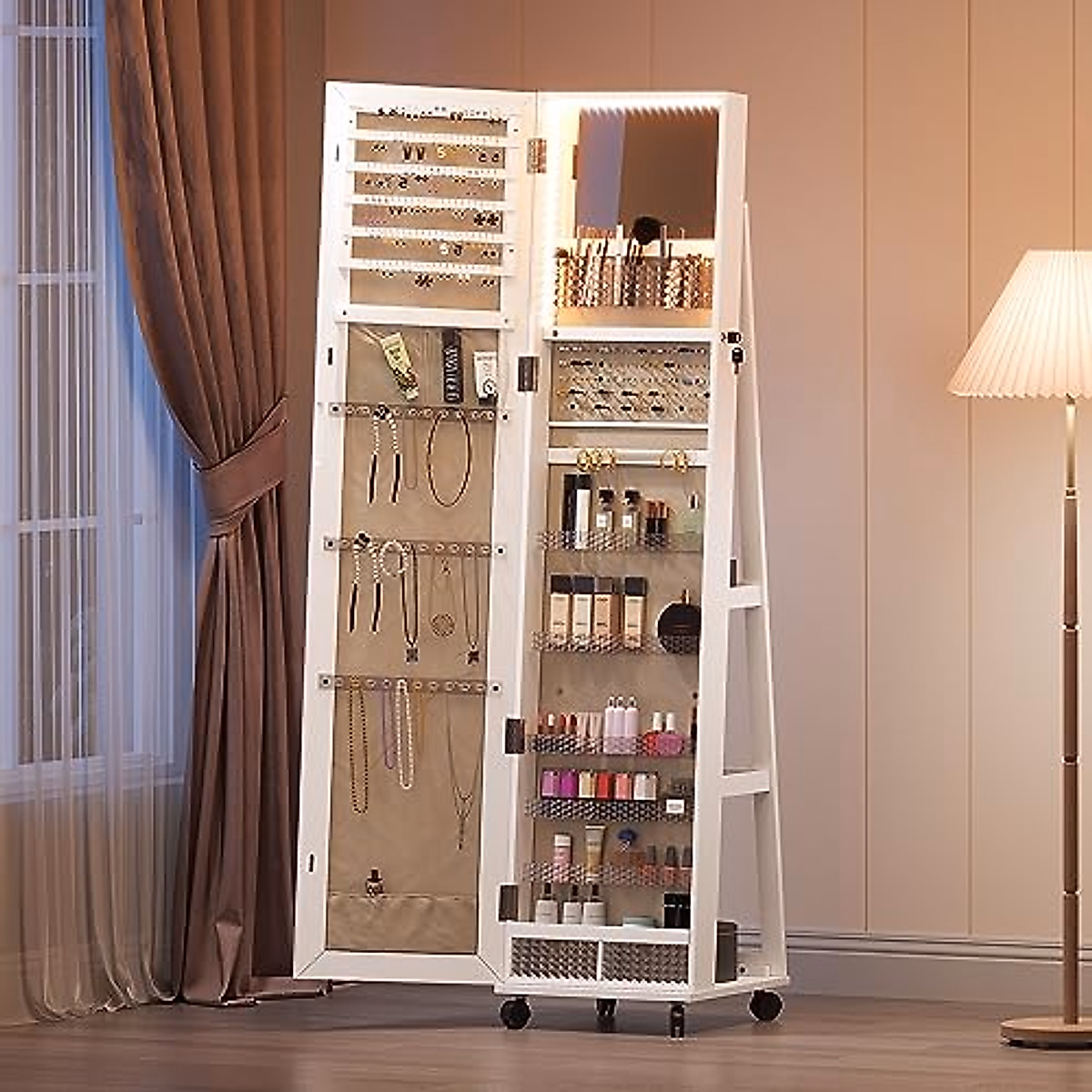 YITAHOME Mirror Jewelry Cabinet with Lights Standing Jewelry Armoire Storage Rotatable Full Length Mirror Jewelry Organizer Lockable Jewelry Armoire with Wheels for Bedroom, Cloakroom, White