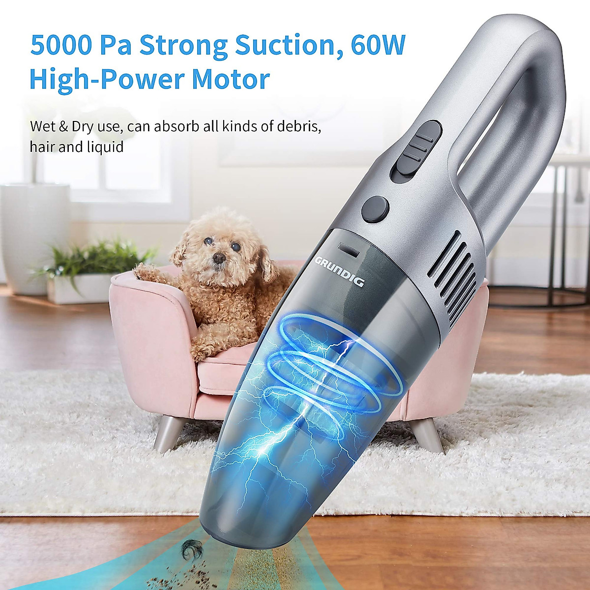 GRUNDIG Handheld Vacuums Cordless,Portable Handheld Vacuum Cleaner with Powerful Suction,5000PA Rechargeable Car Vacuum Cleaner, Handheld Hoover,Lightweight Wet Dry Vacuum for Home, Car and Pet