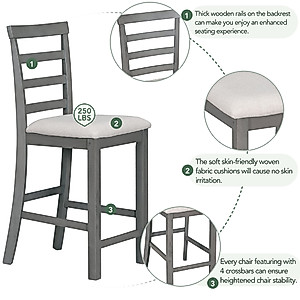 BIADNBZ 5-Piece Counter Height Dining Table Set for 4, Multi-Functional Rubber Wood Kitchen Furniture with Padded Chairs, Integrated 9 Bar Wine Compartment&Wineglass Holders, Gray