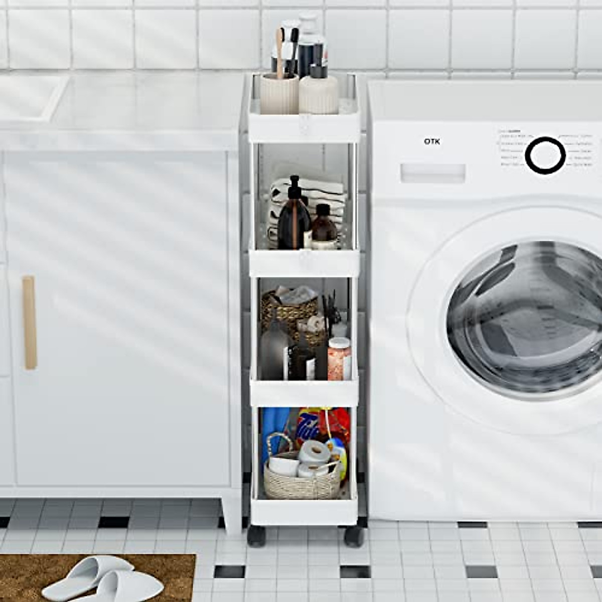 OTK Storage Cart 4 Tier Mobile Shelving Unit Organizer, Utility Rolling Shelf Cart with Wheels for Bathroom Kitchen Bedroom Office Laundry Narrow Places, White