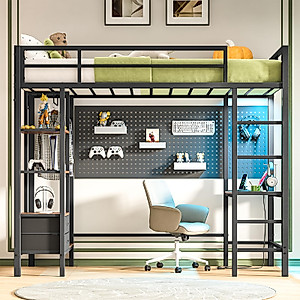 Hasuit Loft Bed Twin Size with Desk and Charging Station Metal Twin Loft Bed with LED Lights, 4 Storage Shelves and 2 Fabric Drawers, Twin Size Loft Bed with Safety Guard, Clothes Rail & Ladder, Black