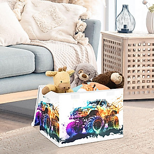 Vnurnrn Storage Bin with Lid Collapsible Rainbow Monster Truck Print, Large Capacity Foldable Storage Basket Cube for Clothes Toys 16.5×12.6×11.8 IN