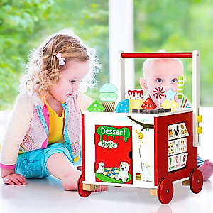Baby Walker for Girls - Wooden Activity Cube Center for Baby with Pretend Food, Chalkboard, Clocks 6 in 1 Educational Learning Toys for Toddlers - Gift for 1 Year Old Girls & Boys - Easy Assembly