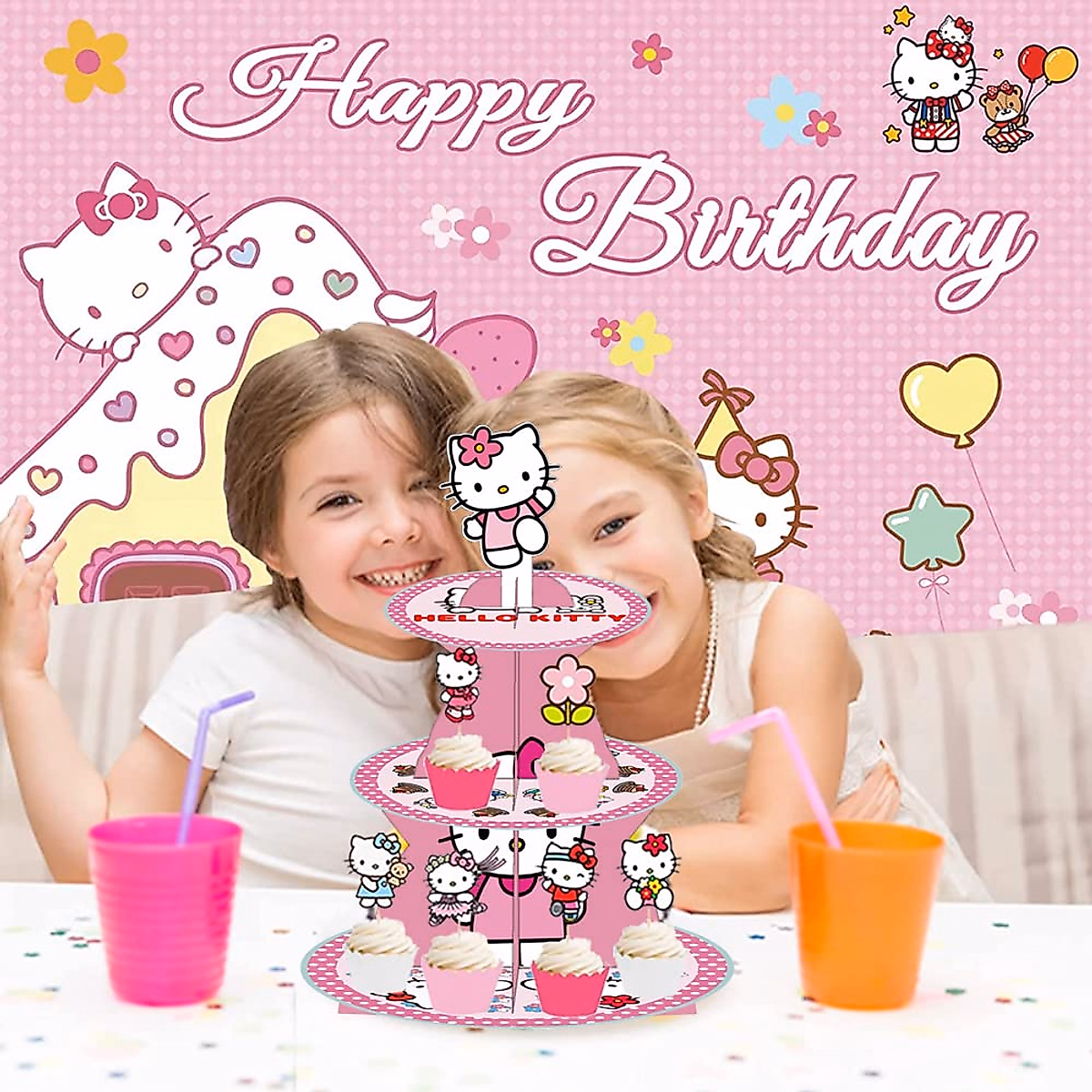 Hello Kitty Party Supplies Decorations, 3 Tier Cupcake Stand, Birthday Dessert and Cake Display Stand for Birthday Party Decoration, Hello Kitty Party Favors Decorations