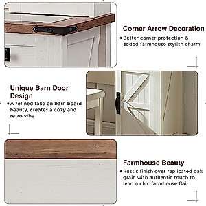 T4TREAM Farmhouse Makeup Vanity Desk with Sliding Mirror and Lights, 42'' Glass Tabletop Vanity Table with 2 Drawers & Shelves, Rustic Big Vanity Set for Bedroom, Stool Included, Antique White