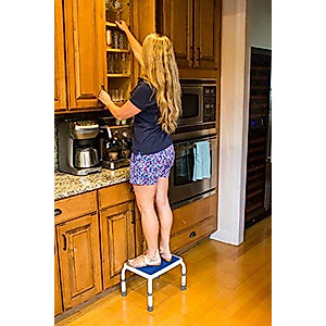 AdjustaStep Height Adjustable Step Stool- All Steel Construction, Anti-Slip Foot Pads and Platform. Bariatric Version Option. Modern White and Blue Finish.