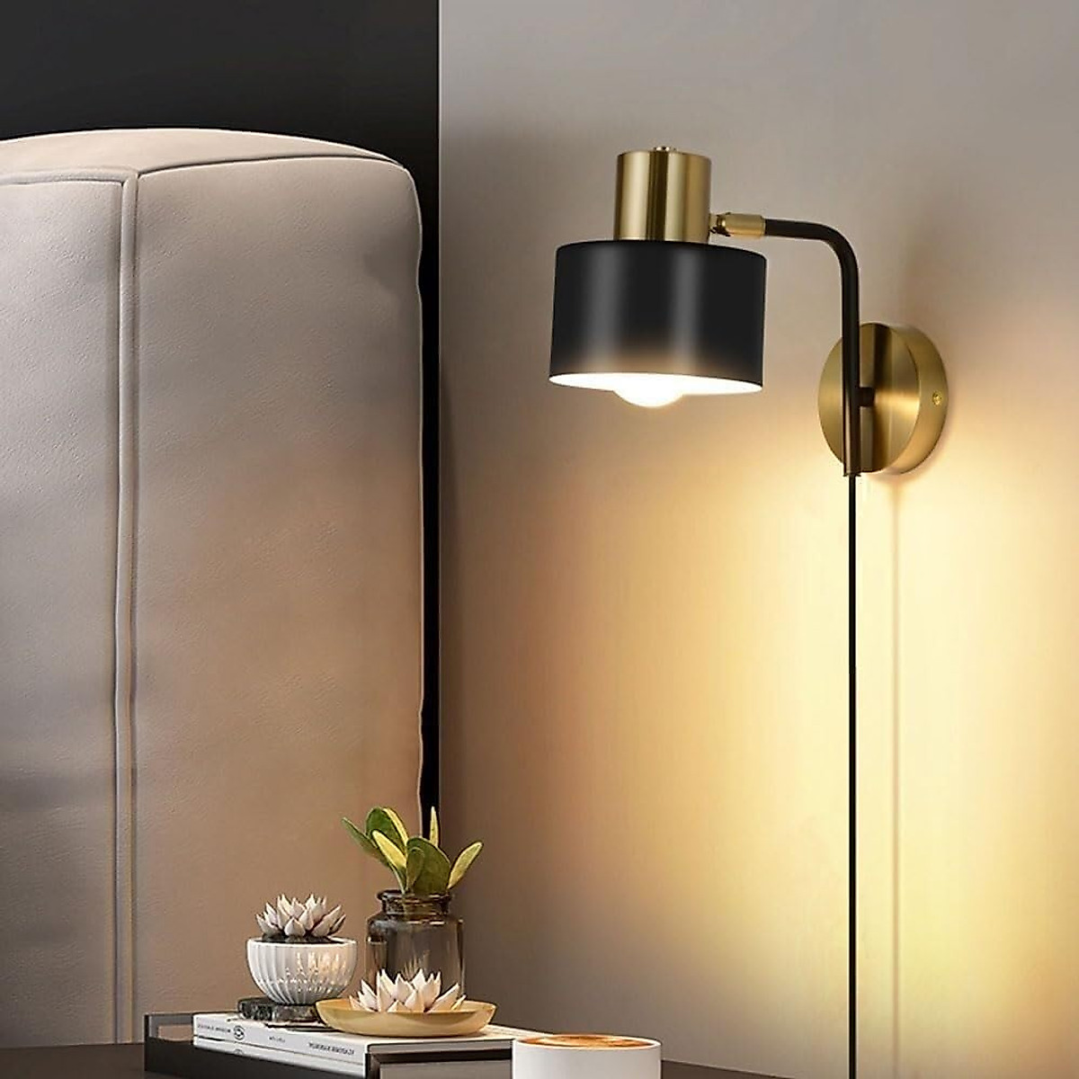 VUCICA Rotatable Gold Wall Lamp with Plug in Cord and Switch Plug in Wall Sconce Black Bedside Reading Light E27 Adjustable Modern Wall Lighting Fixture for Bedroom Bed Side Hotel Study Room