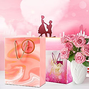 MAMUNU 5 Pack Gift Bags Medium Size, Pink paper Bag with Dot, Love, Heart Pattern, Party Favor Bags Bulk with Handles for Valentine's Day, Wedding, Mother's Day, Birthday, Anniversary, Baby Shower Goodie Bags, 9.8 x 7.9 x 3.9 Inch