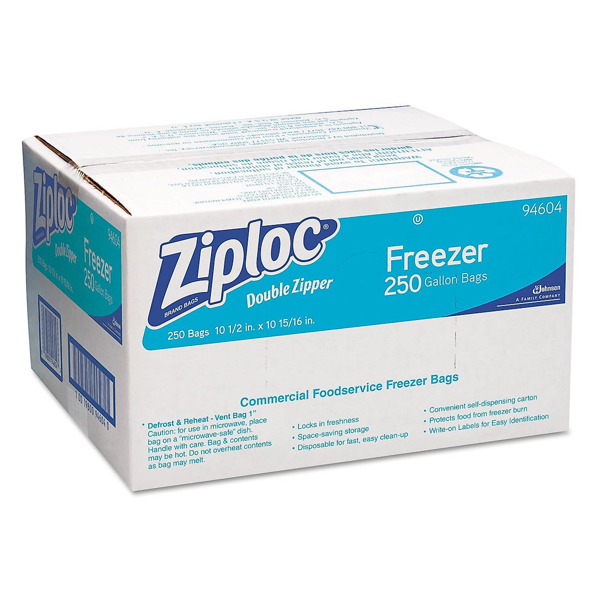 Ziploc 94604 Double-Zipper Freezer Bags, 1gal, 2.7mil, Clear w/Label Panel (Case of 250)