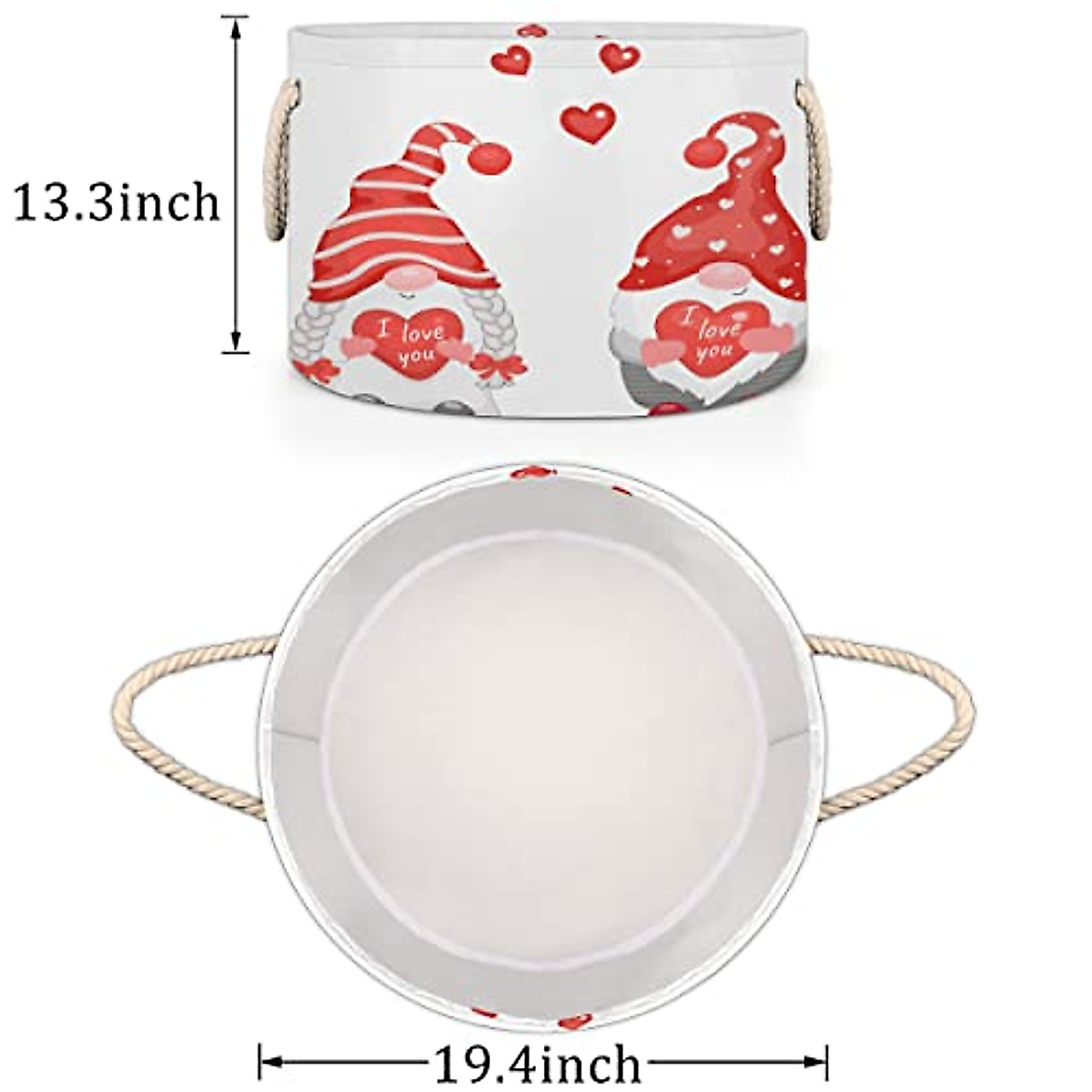 Valentine Cute Gnomes Love Heart (11) Large Round Baskets for Storage Laundry Baskets with Handles Blanket Storage Basket for Bathroom Shelves Bins for Organizing Nursery Hamper Girl Boy