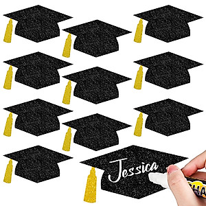 Whaline 50Pcs Grad Caps Cutouts Glitter Black Graduation Hat Cutouts 5.7 Inch Grad Cap Cut-Outs Confetti Table Decor with 100Pcs Glue Points for High School College Graduation Party Supplies