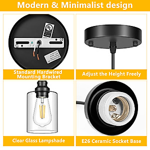 Licperron 3 Pack Hanging Pendant Lighting Fixtures, Adjustable Black Hanging Ceiling Lamp with Clear Glass Shade, Modern Pendant Light for Kitchen Island, Dining Room, Bedroom, Hallway