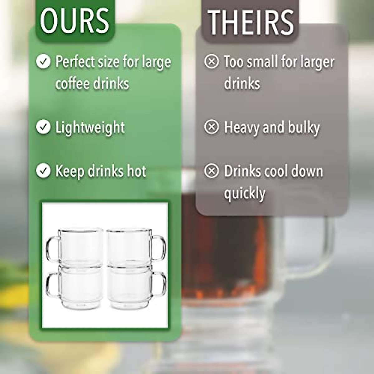 BTaT- Stackable Insulated Coffee Mugs, Glass Tea Mugs, Set of 4 (12 oz, 350 ml), Double Wall Glass Coffee Cups, Tea Cups, Latte Cups, Beer Glasses, Latte Mug, Clear Mugs, Mother's Day Gift