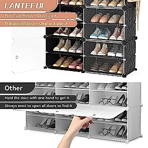 LANTEFUL Shoe Rack Organizer Shoe Storage Cabinet 8 Tiers 32 Pair Portable Shoe Storage Sturdy Plastic Black Shoe Shelf with Hooks Shoe Rack with Door for Entryway, Bedroom and Hallway