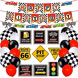 Race Car Birthday Party Decoration Set Race Car Party Signs Racing Birthday Banner Checkered Flags Balloons for Boys Let's go Racing Party Supplies