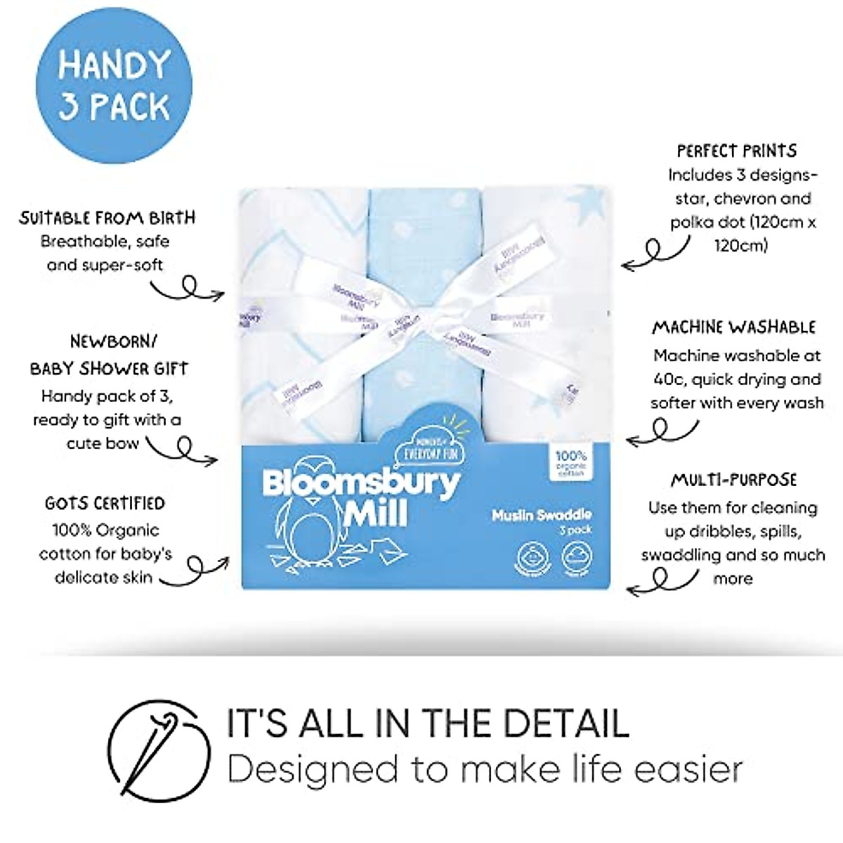 Bloomsbury Mill - Pack of 3 Super Soft Muslin Swaddle Blankets - 100% Certified Organic Cotton Muslin Swaddles - Blue &amp; White - 47&quot; x 47&quot;