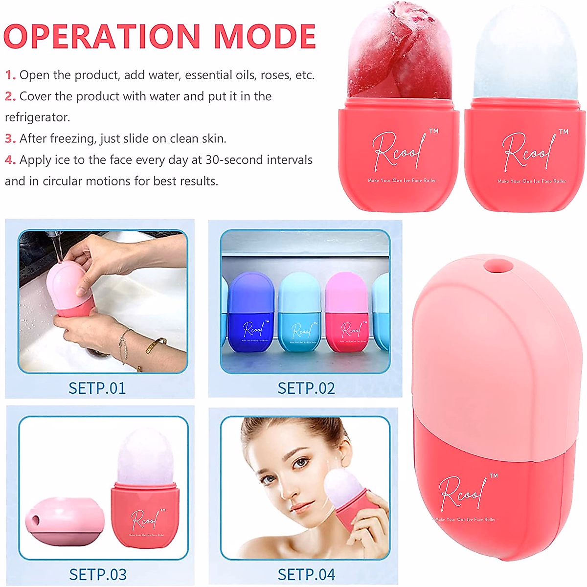 Rcool Ice Face Roller & Gua Sha,Face Massager,Facial Beauty Ice Roller Skin Care Tools,Skin Care Products-for Face&Eyes,Remove Fine Lines,Shrink Pores,Reduce Acne and Lubricate The Skin. (Pink)